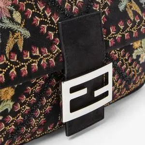 Fendi Baguette® 26424 Black Suede Bag With Embroidery
